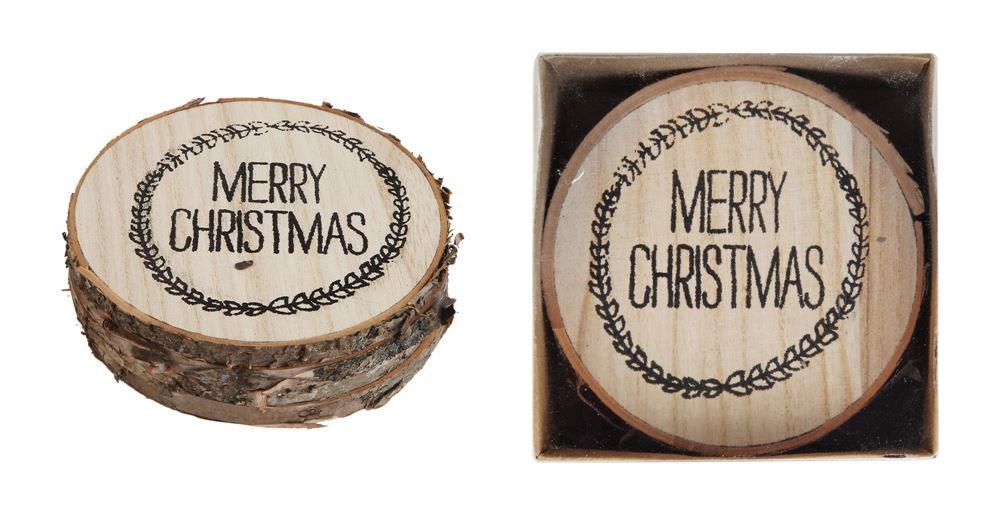 4" Wood Slice Drink Coaster wtih "Merry Christmas" Wreath Design-Set o ...
